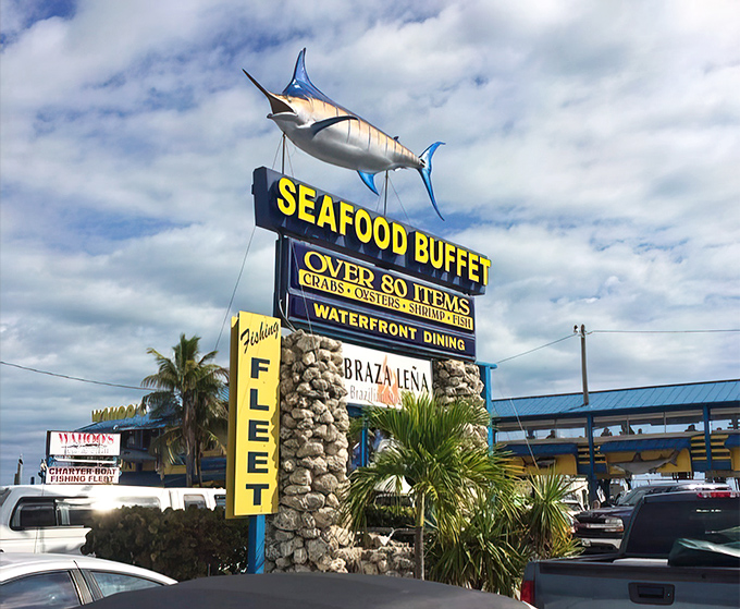 That marlin sign might as well say "Abandon diet, all ye who enter here" &ndash; over 80 items of seafood temptation await.
