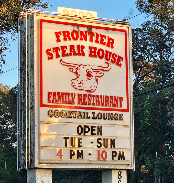 The vintage sign stands as a beacon to hungry travelers: Family Restaurant by day, Cocktail Lounge by night, serious steak satisfaction all the time.