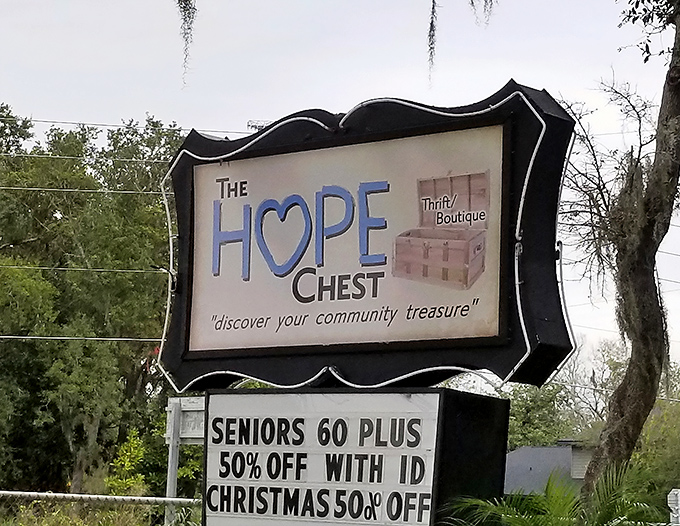 The sign says it all: "discover your community treasure." Seniors get 50% off, proving wisdom really does come with age&mdash;and discounts!