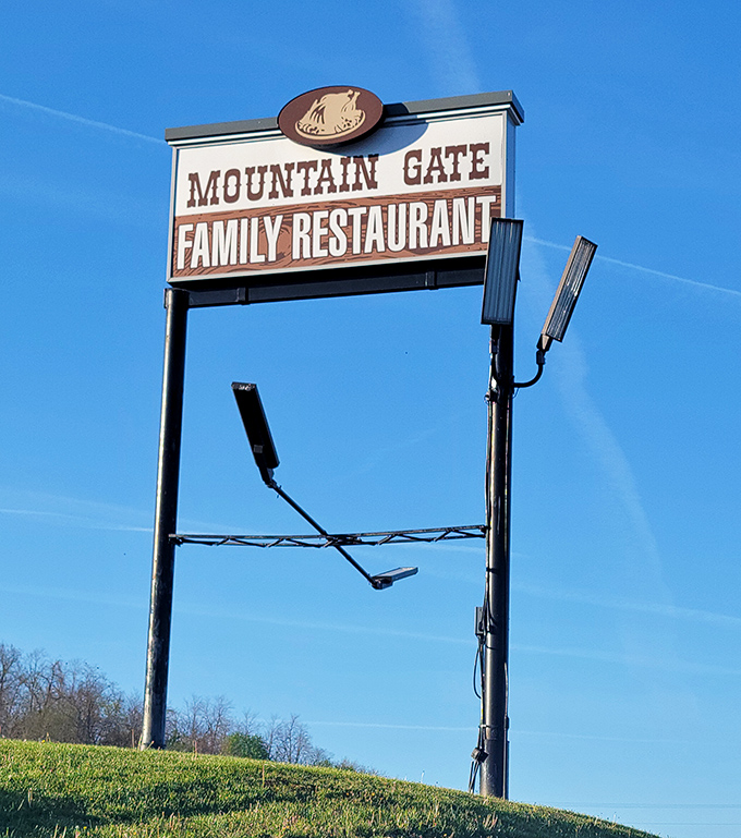 The roadside sign stands tall against the Maryland sky, a beacon for hungry travelers seeking honest food without pretense.
