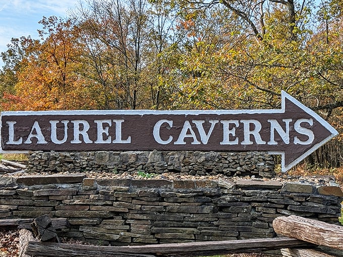 Follow the arrow to adventure! This rustic sign points the way to Pennsylvania's largest cave system, no GPS required. 