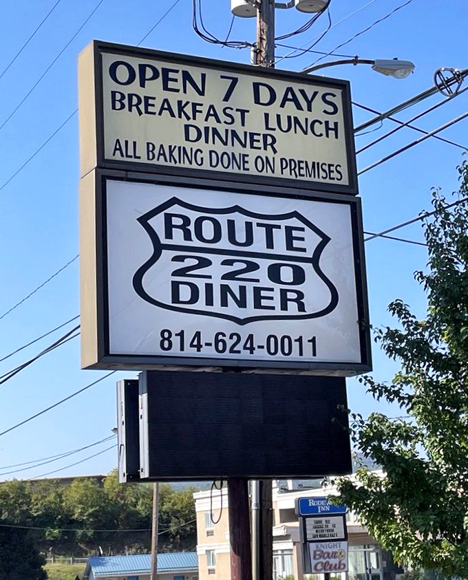 The sign promises three meals a day and on-premises baking. In the language of road trips, this translates to "stop here or regret it later."