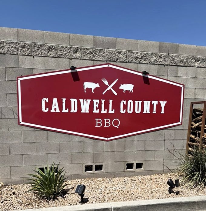 The red and white logo announces your arrival at barbecue paradise&mdash;a beacon of hope for hungry travelers seeking smoky salvation.