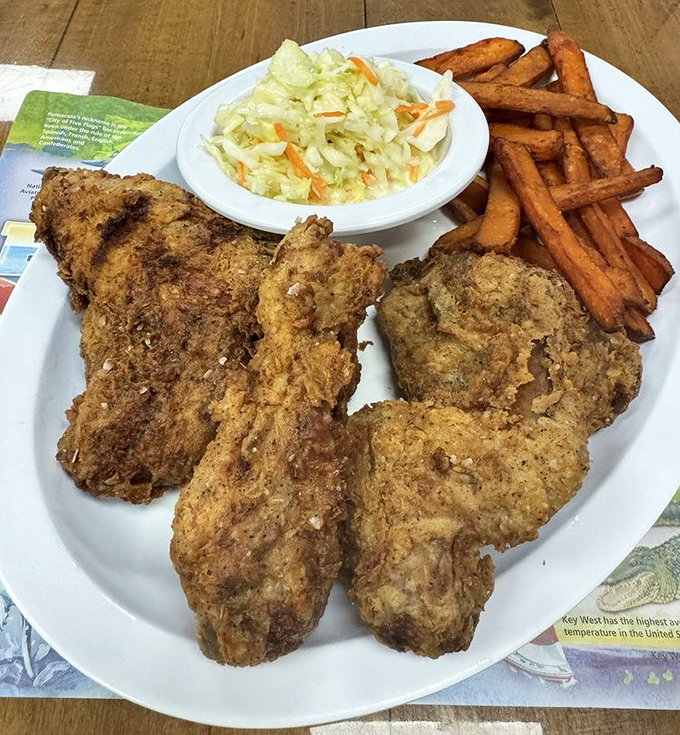 Fried chicken that proves why the South won the culinary Civil War. Crispy, seasoned perfection alongside sweet potato fries and creamy slaw.