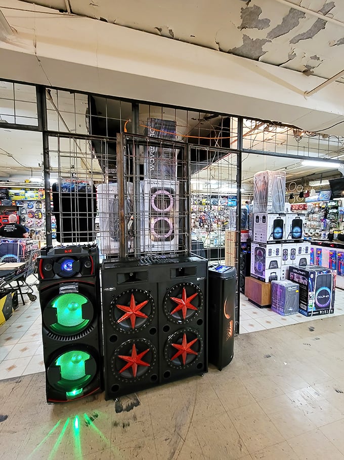 The unofficial Super Flea soundtrack comes from these glowing speakers—where else can you test your party system before buying?