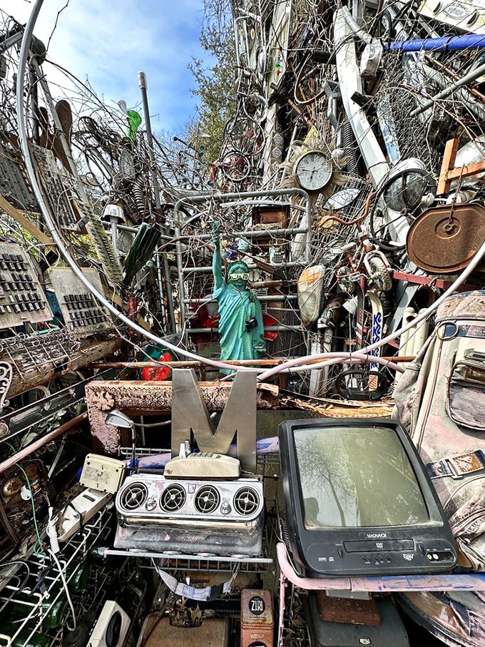 Even Lady Liberty finds herself reimagined here, surrounded by the very items that represent American consumption, excess, and creativity.
