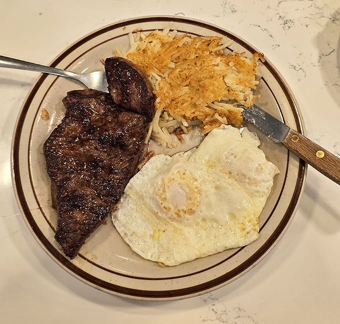 The classic steak and eggs&mdash;proof that breakfast can be dinner and dinner can be breakfast. This plate doesn't just cross mealtime boundaries&mdash;it abolishes them completely.