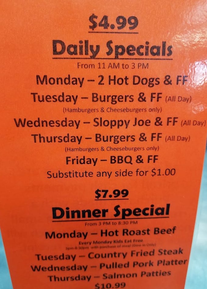 Daily specials that read like a comfort food calendar. Tuesday's burger day might just become your new weekly tradition.