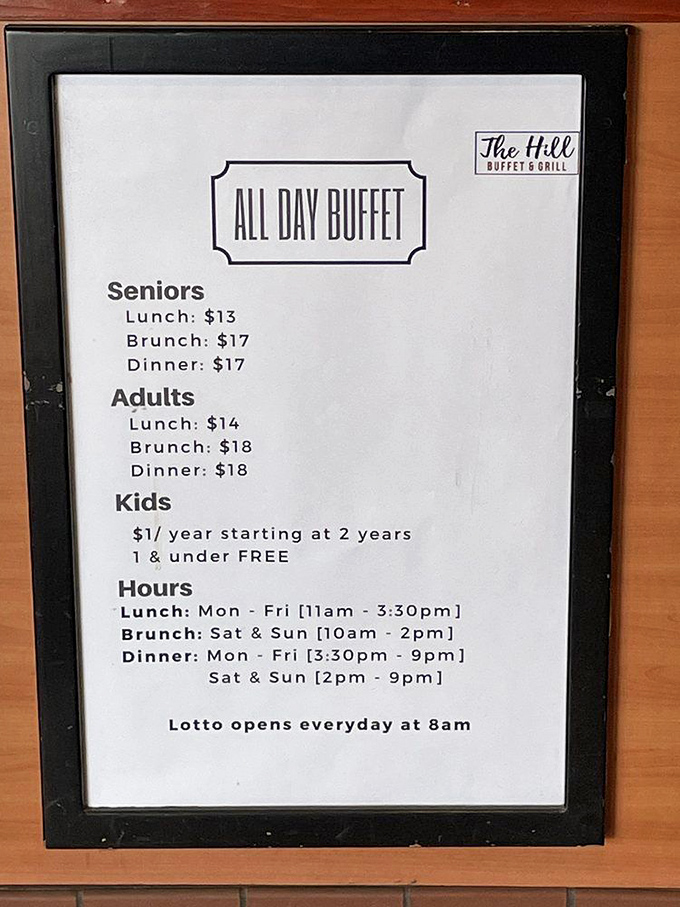 The pricing board that answers life's most important questions: How much? When? And can I bring the kids? (Yes, and they eat cheap!)
