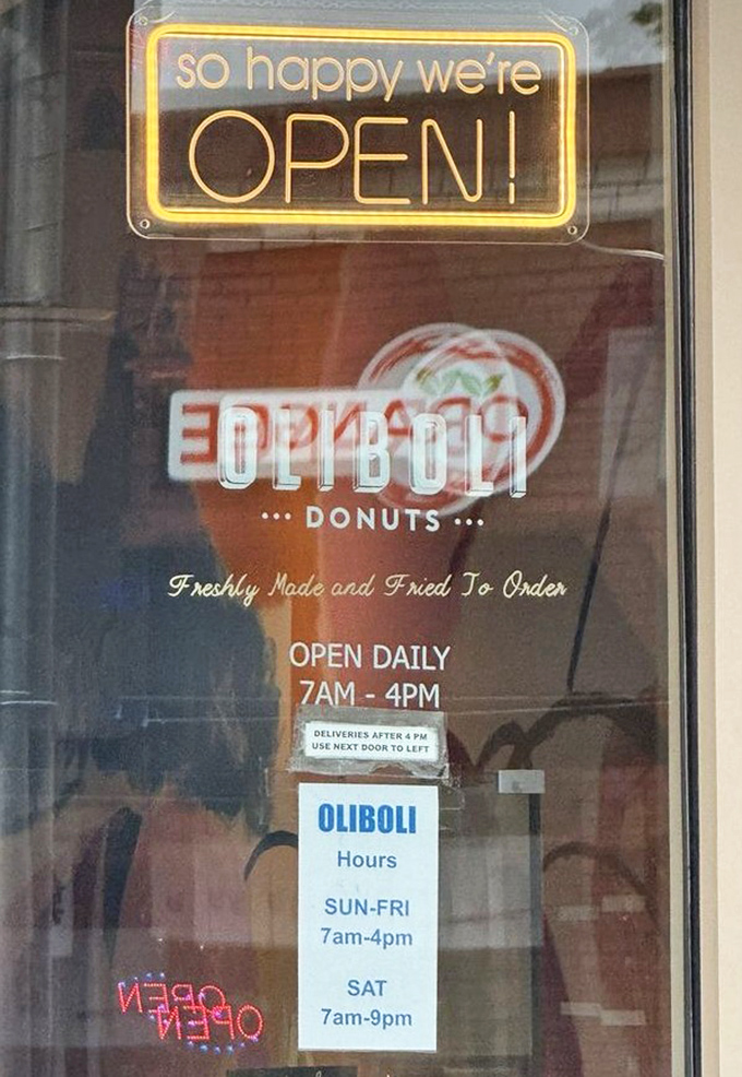 "So happy we're OPEN!"&mdash;and so are we. These welcoming hours (7am-4pm, 7am-9pm Saturdays) mean donut happiness is almost always within reach.