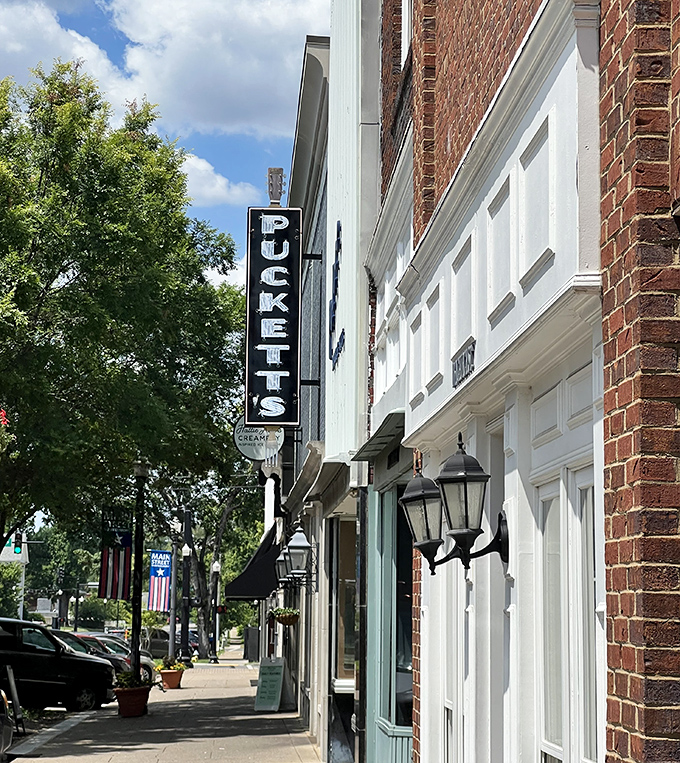 The vertical Puckett's sign stands as a beacon of hope for hungry travelers navigating the charming streets of historic Franklin.