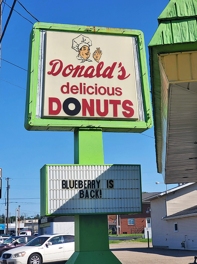 "Blueberry is back!" announces the vintage sign, causing a ripple of excitement through Zanesville's breakfast landscape like breaking news.