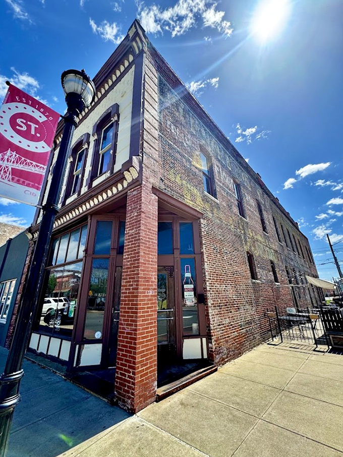 The storefront view showcases small-town charm that big cities spend millions trying to artificially recreate.