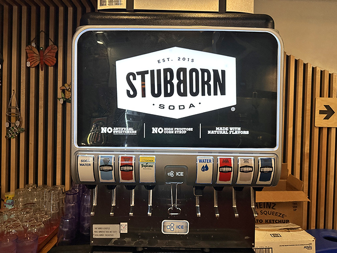 The Stubborn Soda fountain offers craft sodas that make you wonder why you ever settled for the ordinary stuff. Perfect burger companions with personality.