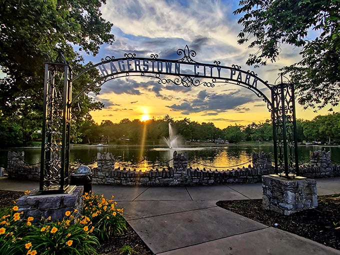 The golden hour at City Park creates pure magic as sunlight dances across the fountain. This entrance arch frames moments that become lifetime memories.