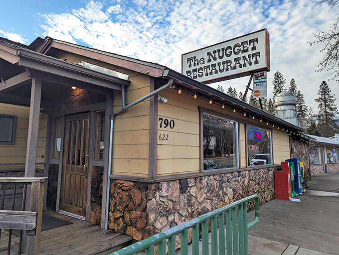 The Nugget Restaurant's stone foundation and wooden deck practically whisper "come in for comfort food" after a day of Trinity Alps adventures.