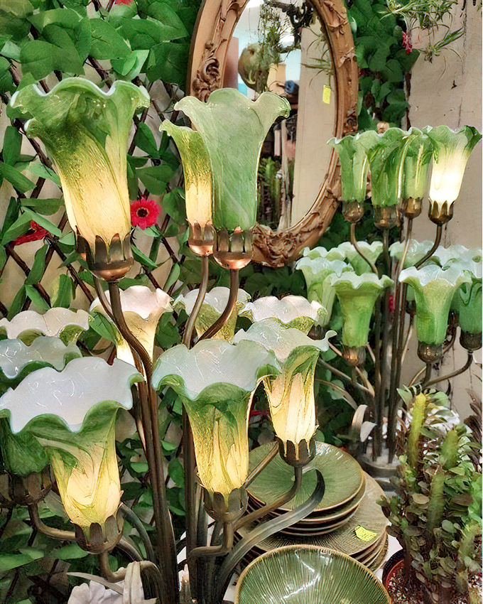 These luminous green glass lamps would make Gatsby himself stop mid-party to ask, "Where did you find those magnificent fixtures?"