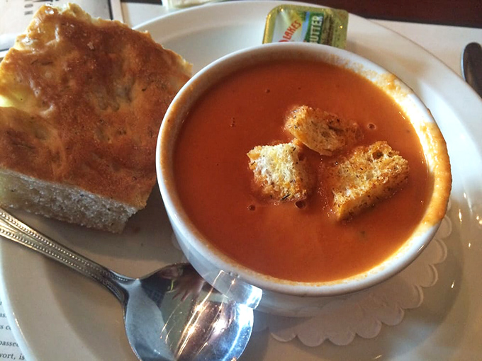 A bowl of tomato basil soup that makes you wonder why anyone would ever eat it from a can again.