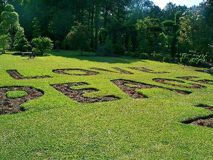 Words to live by, spelled out in living letters. This ground-level message reminds visitors that gardens speak to us in more ways than one.