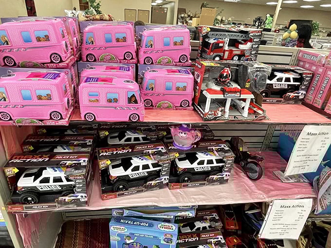 New toys in their original packaging &ndash; the thrift store unicorn that makes you wonder if someone's grandmother bought doubles or if Santa was overly generous.