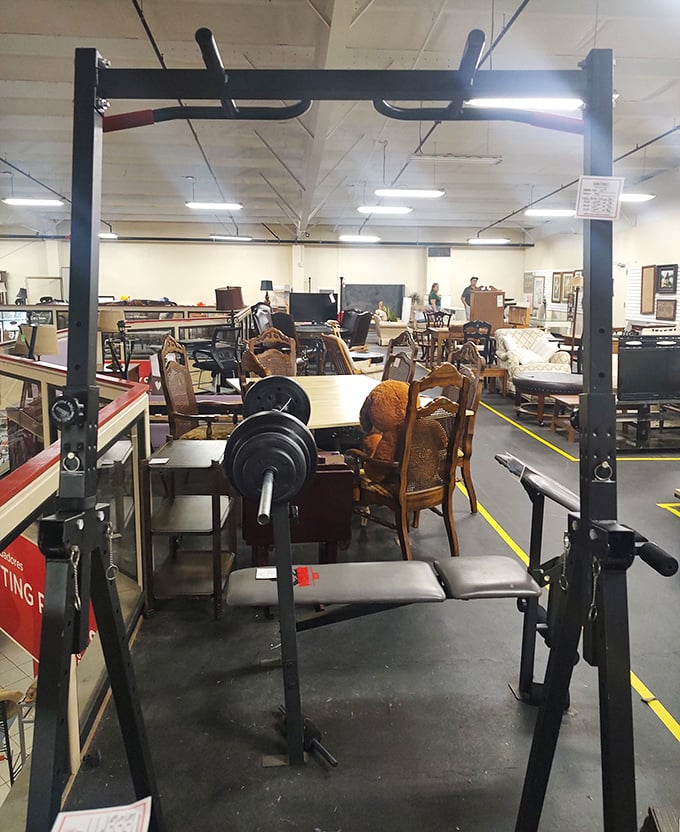 Where else can you shop for a dining table and bench press in the same aisle? KARM's furniture section offers both conversation pieces and actual exercise pieces.