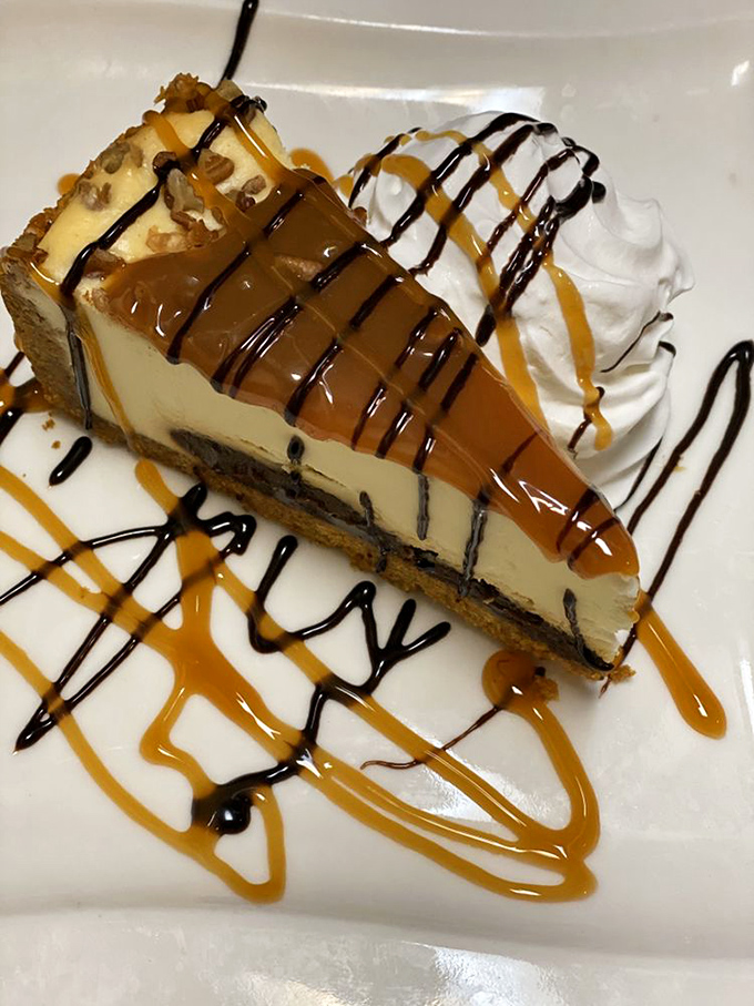 A slice of turtle cheesecake that makes you understand why people invented the phrase "save room for dessert." Worth every calorie-laden bite.