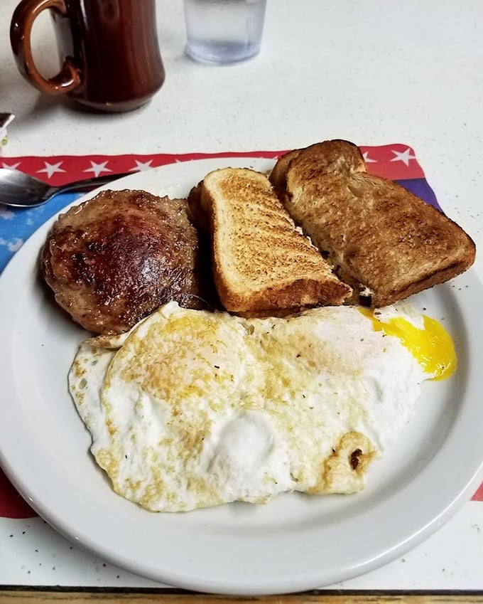 The classic American breakfast&mdash;eggs, toast, and sausage. Like a Norman Rockwell painting you can eat.