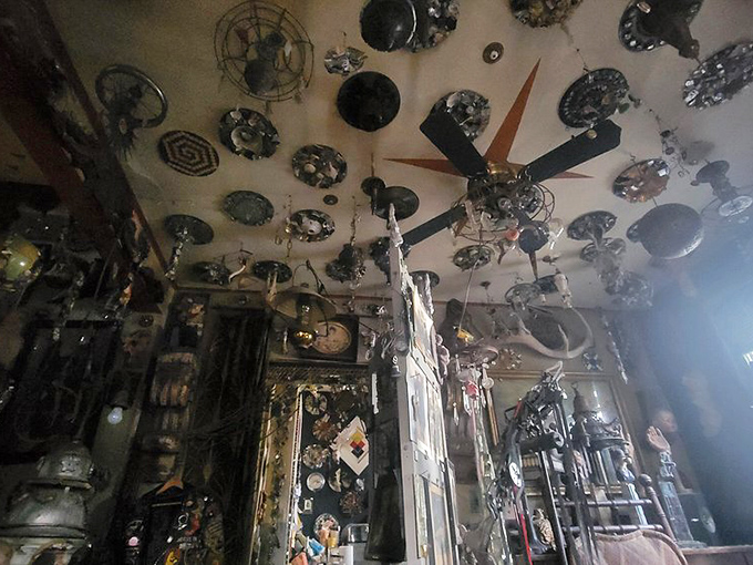 Look up and lose yourself in a ceiling installation that transforms mundane household objects into a mechanical cosmos of spinning possibilities.