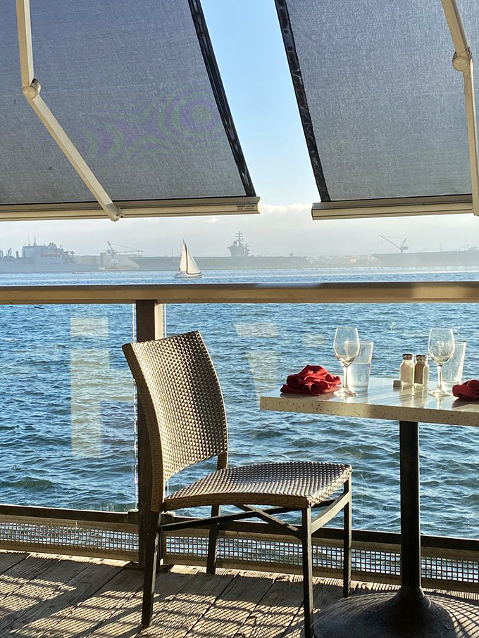 The waterfront view competes with what's on your plate for your attention. Somehow, both usually win.