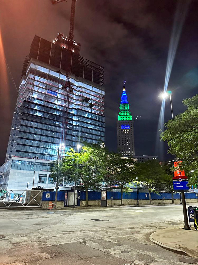 Step outside and remember you're in the heart of Cleveland. The illuminated Terminal Tower stands as a beacon guiding hungry patrons to burger paradise.