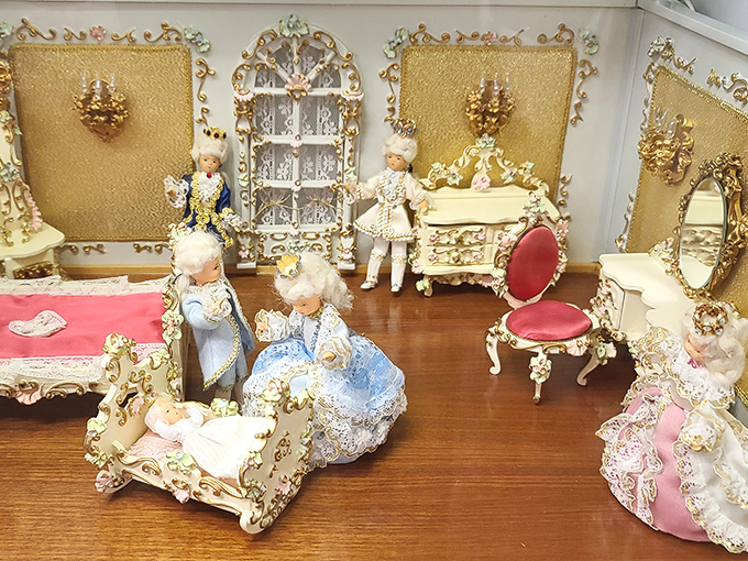 This miniature royal bedroom set showcases the exquisite craftsmanship of vintage German dollhouse furniture. Marie Antoinette would approve of this tiny opulence.