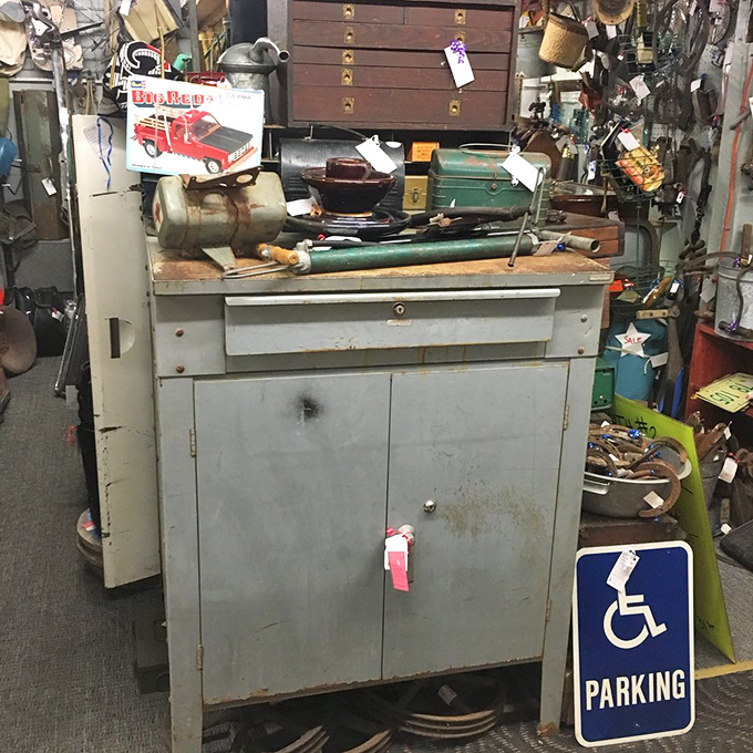 Workshop treasures and vintage tools await the hands of makers and fixers. That metal cabinet has seen more projects than your grandfather's garage.