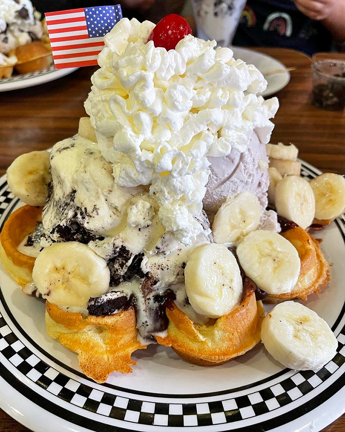 When waffles meet ice cream, bananas join the party, and whipped cream crowns the affair&mdash;that's not dessert, that's royalty.