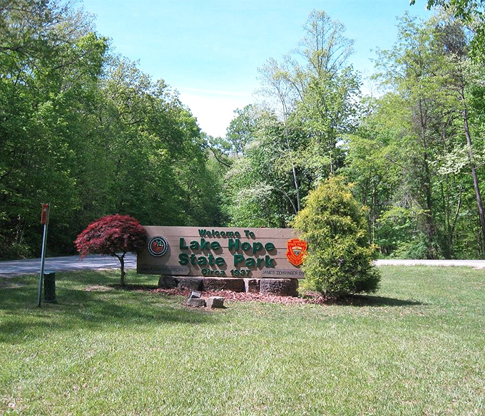 The welcome sign that greets visitors to a place where Ohio shows off its most photogenic side.