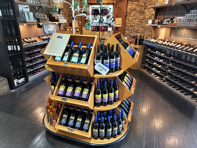 Wine bottles stand like soldiers guarding liquid treasures, where Georgia fruit finds its sophisticated alter ego in bottles ready for celebration or Tuesday night dinner.