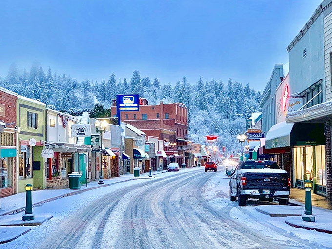 Winter transforms Main Street into a snow globe come to life, proving Placerville offers four distinct seasons without the bone-chilling extremes that send other retirees fleeing south.