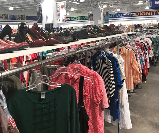 The women's clothing section stretches toward the horizon. Shoes above, blouses below &ndash; a fashionista's playground where budget meets style.