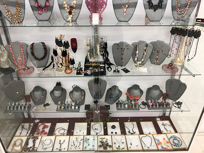 The jewelry counter &ndash; where costume pieces from every era sparkle with possibility. That necklace could be plastic fantastic or genuine vintage treasure.v
