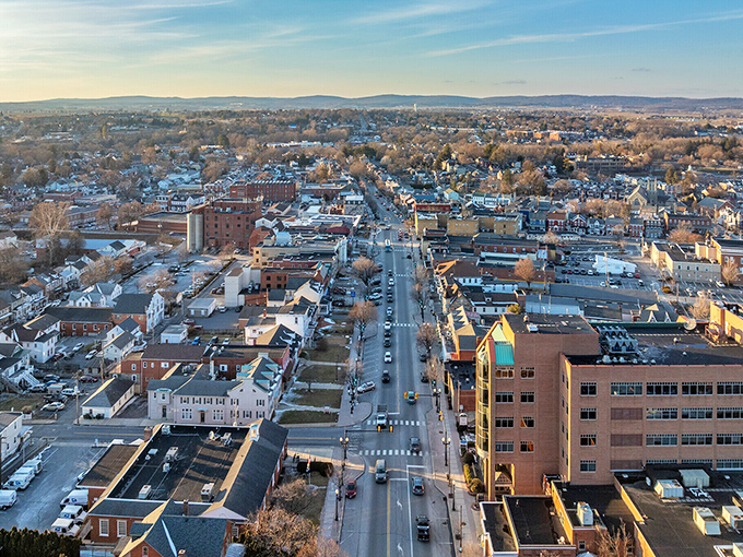 This aerial perspective captures Ephrata's perfect balance between historic charm and modern small-town living at its finest.