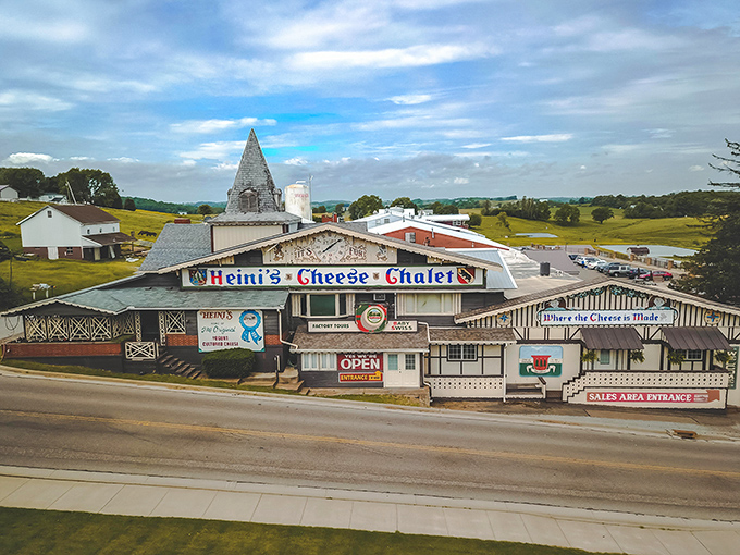 Nestled in the rolling hills of Amish Country, Heini's stands as a monument to dairy devotion. This aerial view shows how a cheese paradise can transform a landscape.