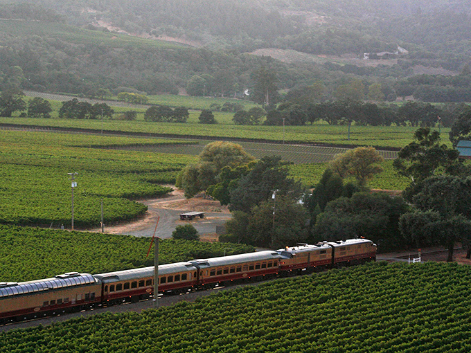 The Wine Train cuts a burgundy ribbon through a sea of green vines. From this vantage point, it looks like a corkscrew opening the valley itself.