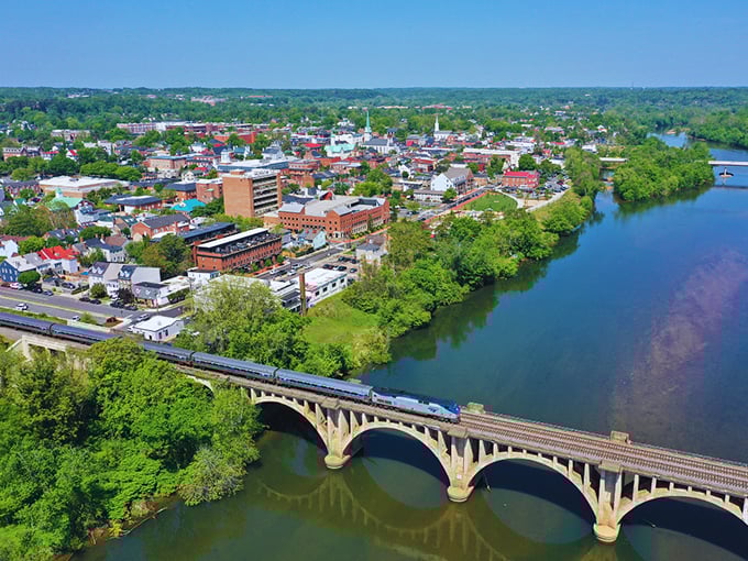 From above, Fredericksburg reveals its perfect balance – a town nestled between river and rolling hills, where history and modern life coexist beautifully.