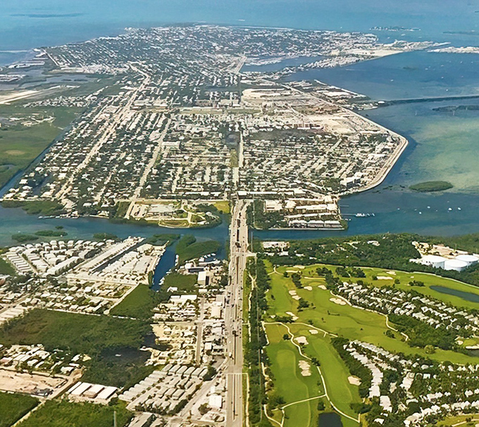 Key West from above resembles a beautiful jigsaw puzzle&mdash;one tiny island surrounded by every shade of blue ever invented.