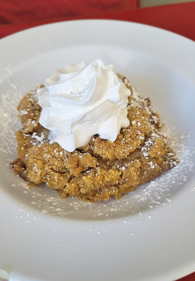 Apple crisp crowned with whipped cream &ndash; because sometimes dessert for breakfast is just good life choices.