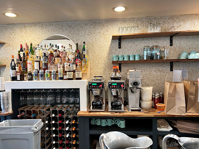 The well-stocked bar area proves they take their beverage game as seriously as their breakfast prowess and customer satisfaction.
