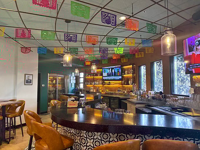 The colorful bar counter where morning magic happens, decorated with the same artistic flair throughout.
