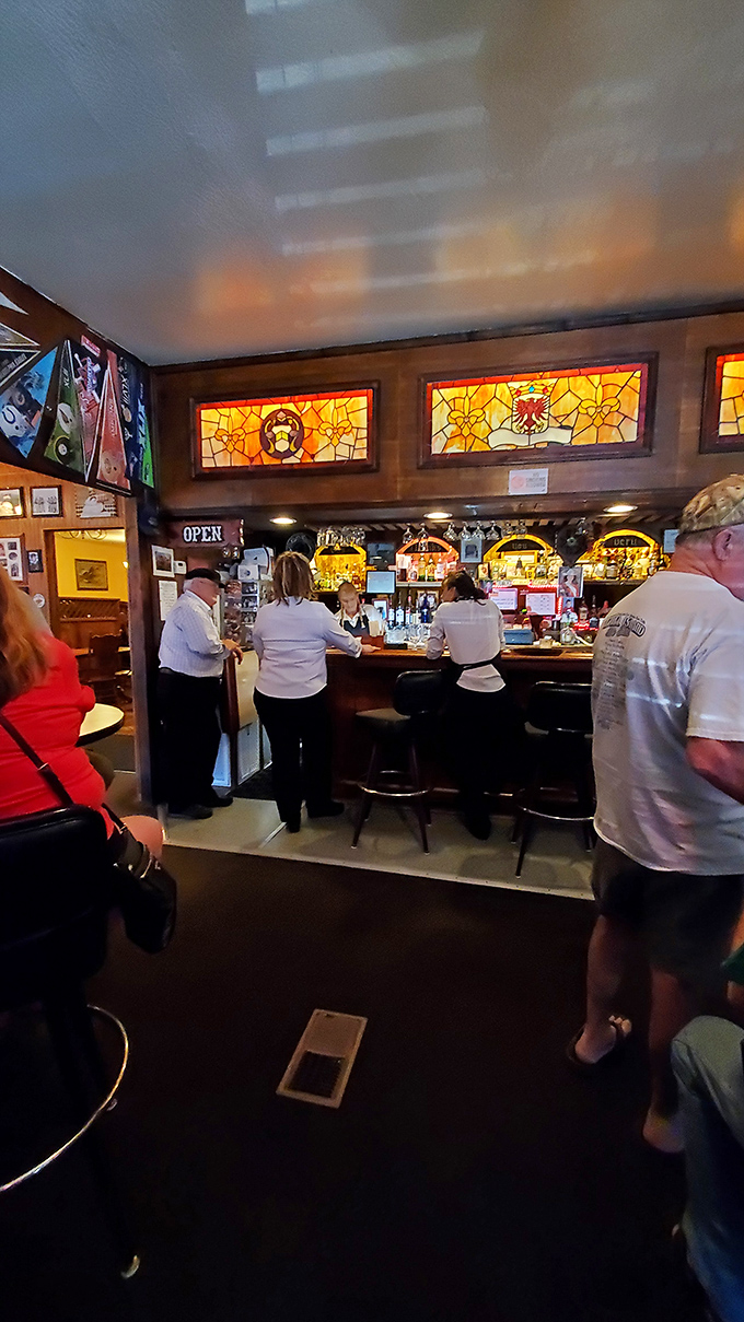 The bar area with stained glass windows feels like a secret club where everybody knows your name &ndash; or will by the end of the night.