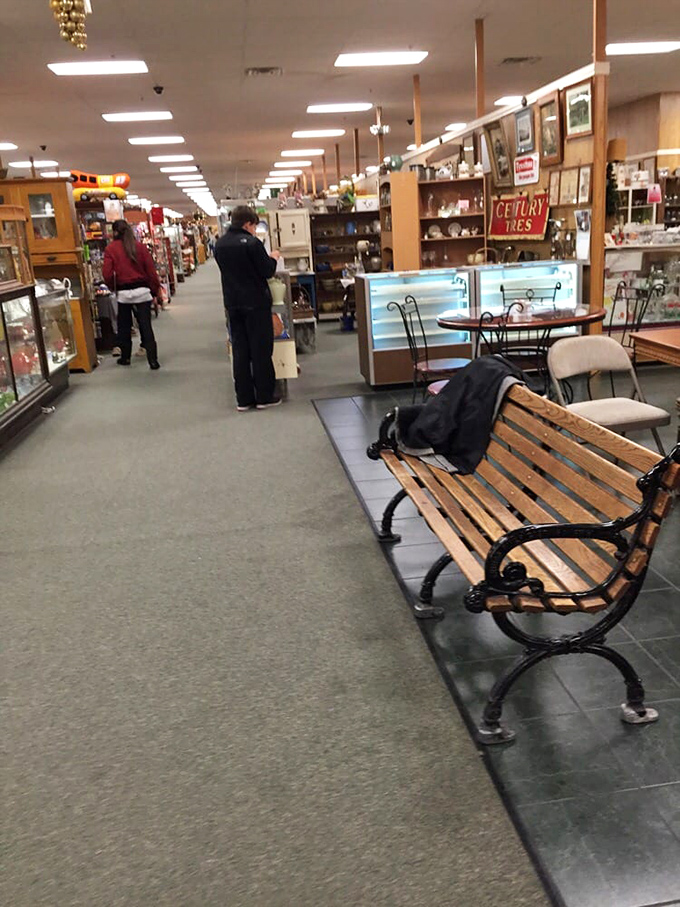 Strategic rest stops like this bench are the unsung heroes of serious antiquing&mdash;a place to contemplate purchases or rest weary treasure-hunting feet.