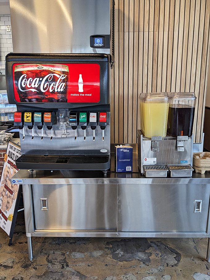 The beverage station: where sweet tea and lemonade flow like liquid sunshine. Because something this crispy demands something equally refreshing.