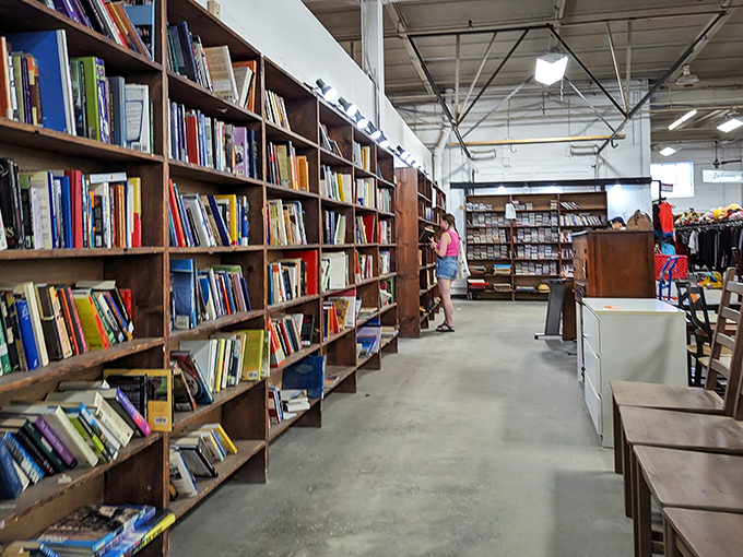 The book section: a library where adoption is encouraged and late fees don't exist. Literary treasures await at paperback prices.